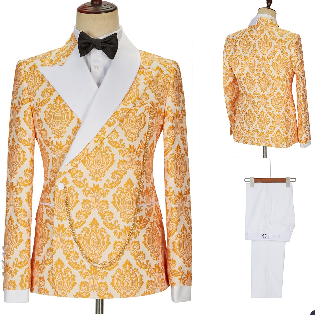 Gold Pattern Men Suits 2 Pieces Plus Size Custom Made Handsome Weddin