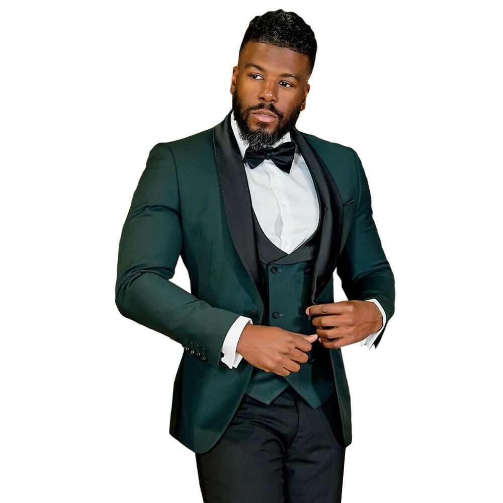 Green Satin Men Suit 3 Pieces Business Blazer Vest Pants One Button W
